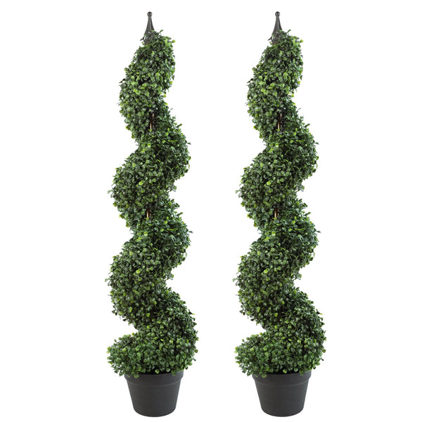 Pair of Artificial Topiary Spiral Boxwood Trees 120cm – Evergreenery